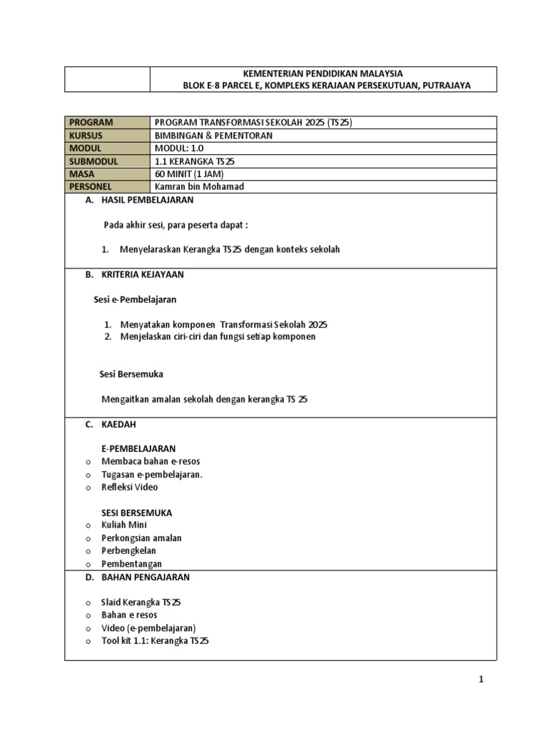 1 Profoma SubModul 1.1 Kerangka TS25 3.0 | PDF