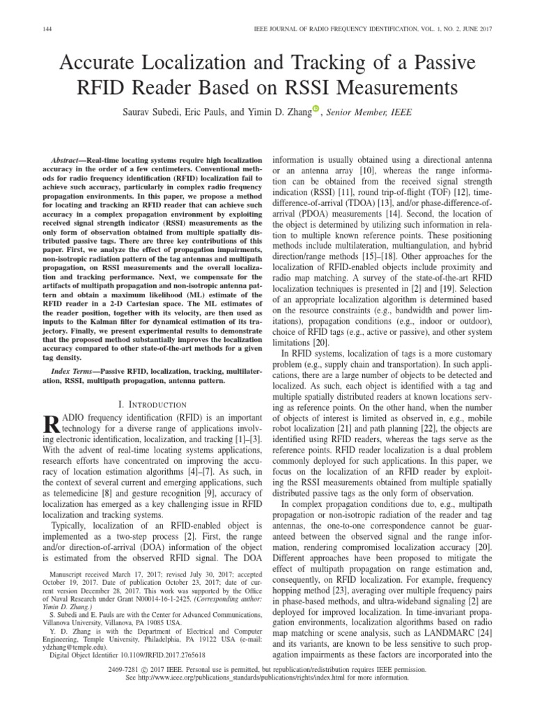 Accurate Localization and Tracking of A Passive RFID Reader Based On RSSI Measurements | PDF ...