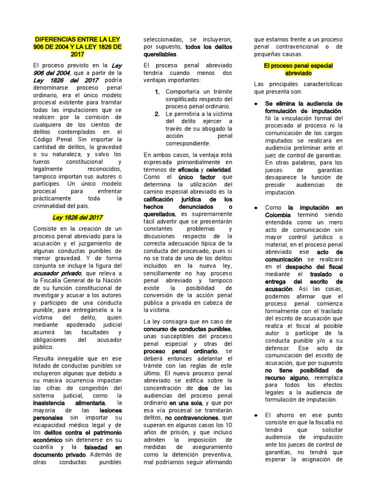Diferencias Entre La Ley 906 de 2004 y La Ley 1826 de 2017 | PDF | Procedimiento Criminal ...