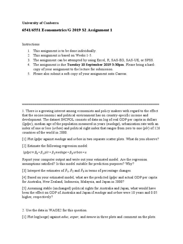 2019 S2 Econometrics Assignment 1 | PDF | Econometrics | Regression Analysis