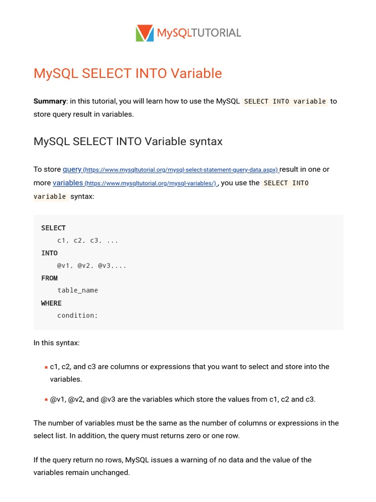 MySQL SELECT INTO Temporary Variable | PDF | Databases | Information Technology Management