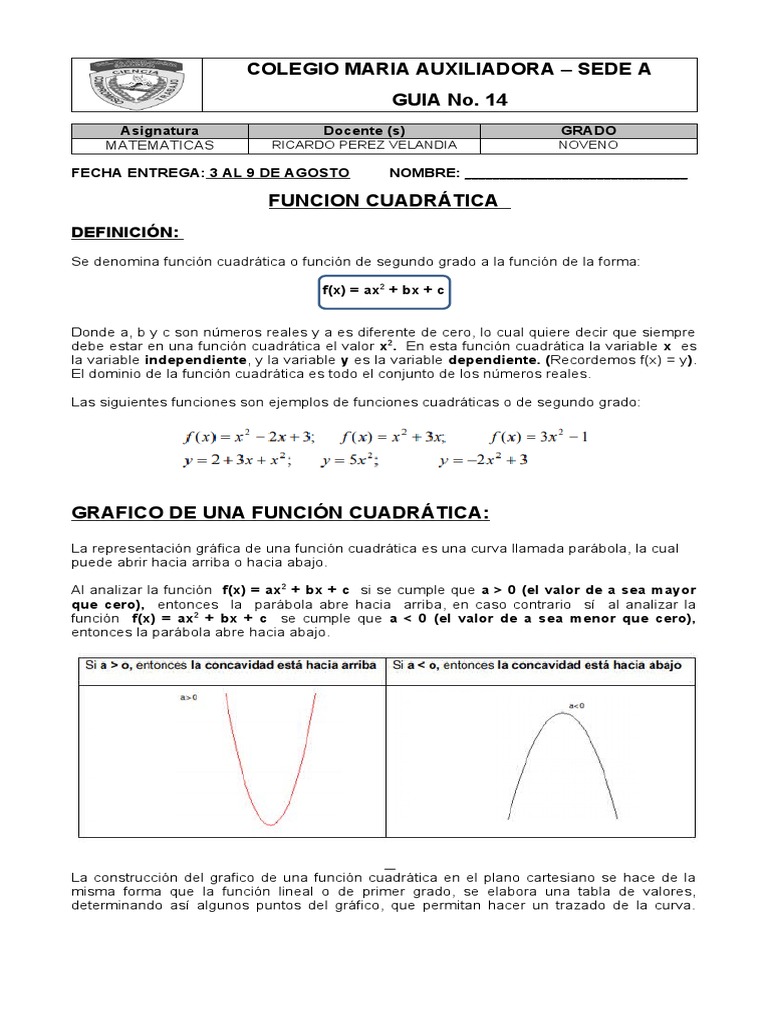 2 - TALLER No 14 FUNCION CUADRATICA | PDF | Función (Matemáticas) | Geometría diferencial
