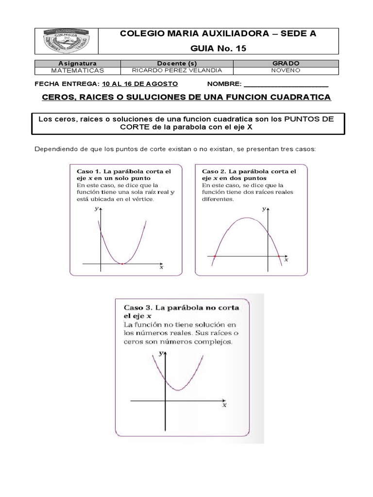 3 - TALLER No 15 CEROS O SOLUCIONES DE LA FUNCION CUADRATICA | PDF