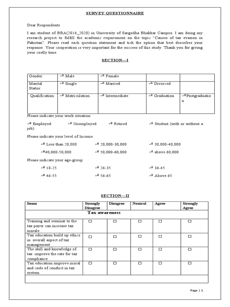 Survey Questionnaire: Tax Awareness | Download Free PDF | Taxes | Payments