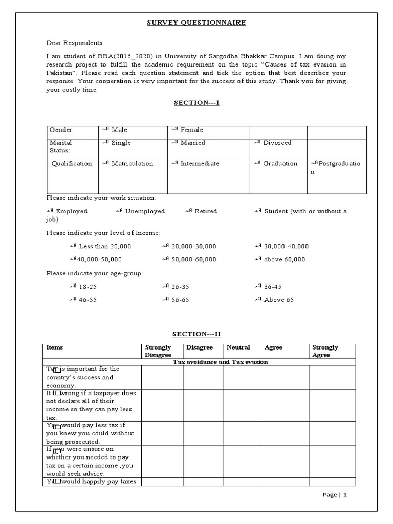 Survey Questionnaire: Items Strongly Disagree Disagree Neutral Agree Strongly Agree Tax ...