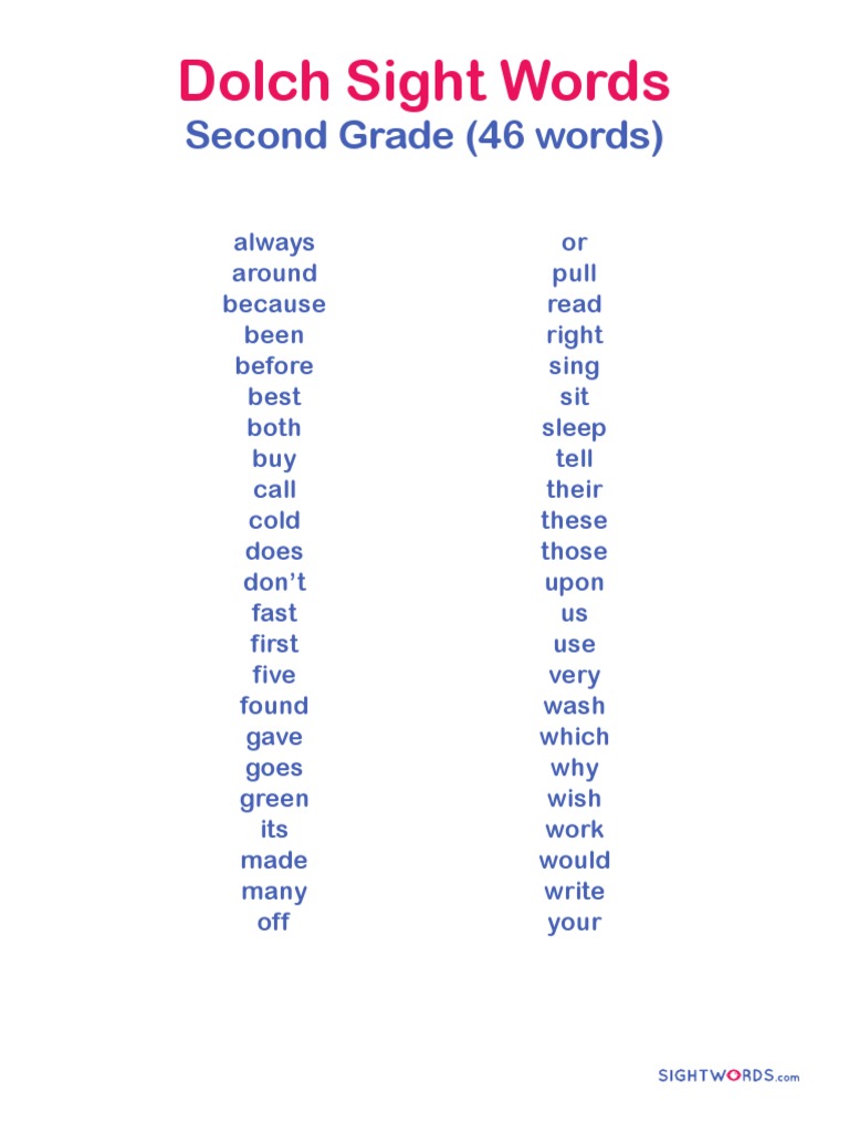 Second Grade Dolch Sight Words List | PDF