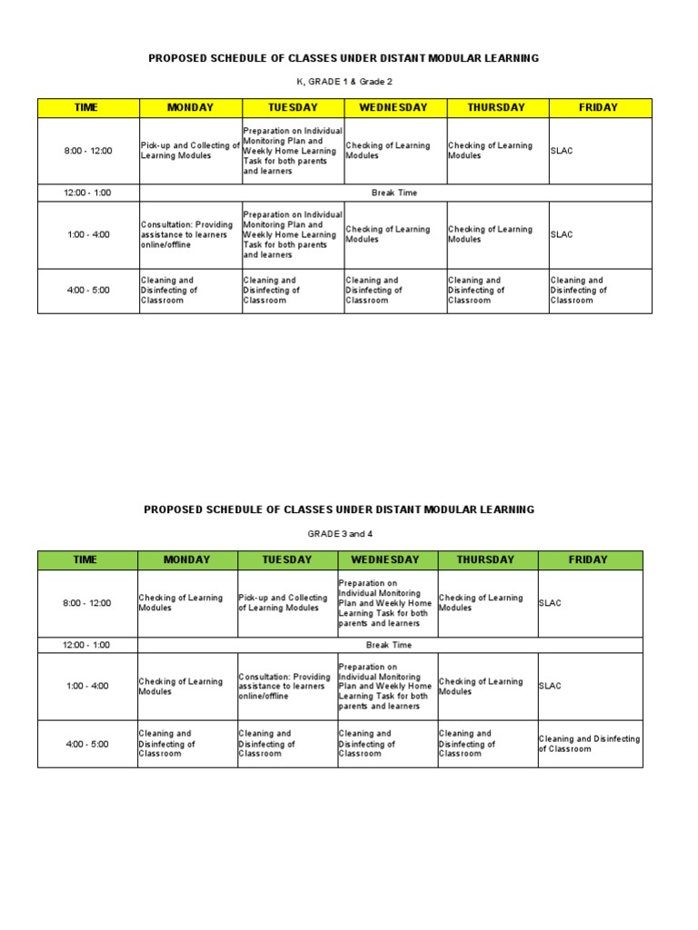 Proposed Schedule Of Classes Under Distant Modular Learning K Grade 1