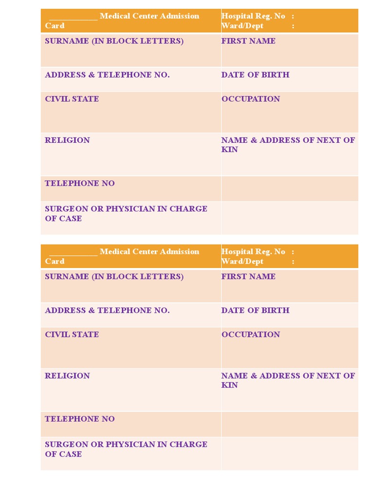Medical Center Admission Card Hospital Reg. No: Ward/Dept | PDF