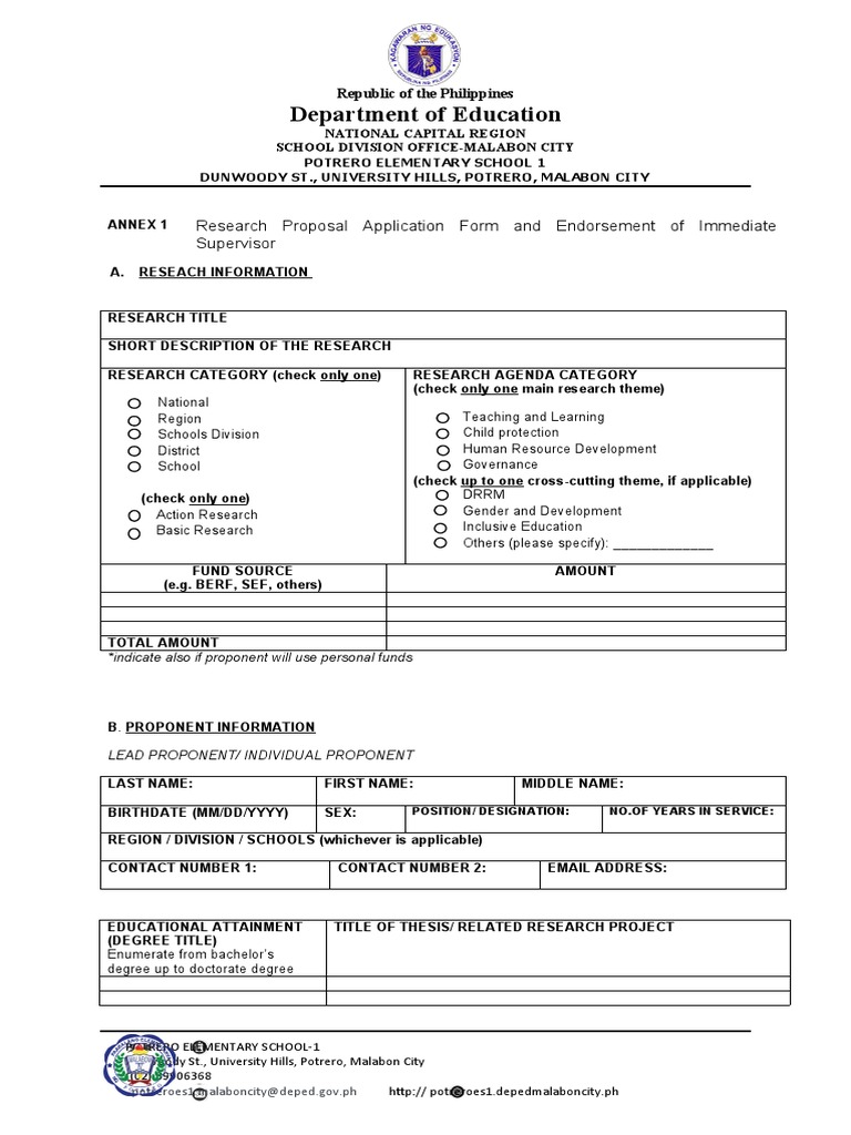 Department of Education: Research Proposal Application Form and Endorsement of Immediate ...