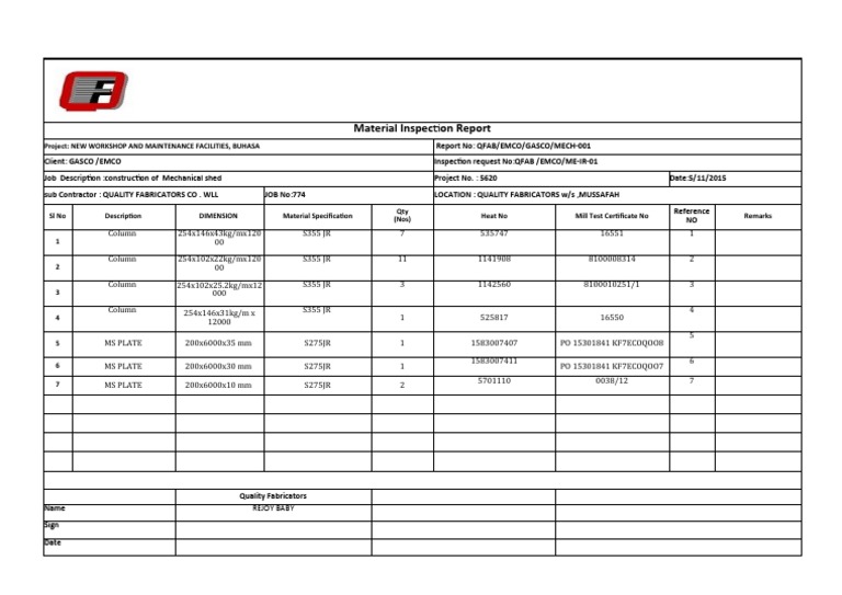 Material Inspection Report: Project: New Workshop and Maintenance ...