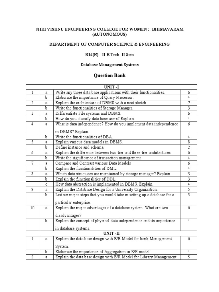 Dbms Question Bank Pdf Databases Science And Technology 