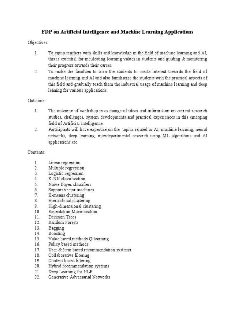 Fdp On Artificial Intelligence And Machine Learning Applications Pdf Machine Learning 