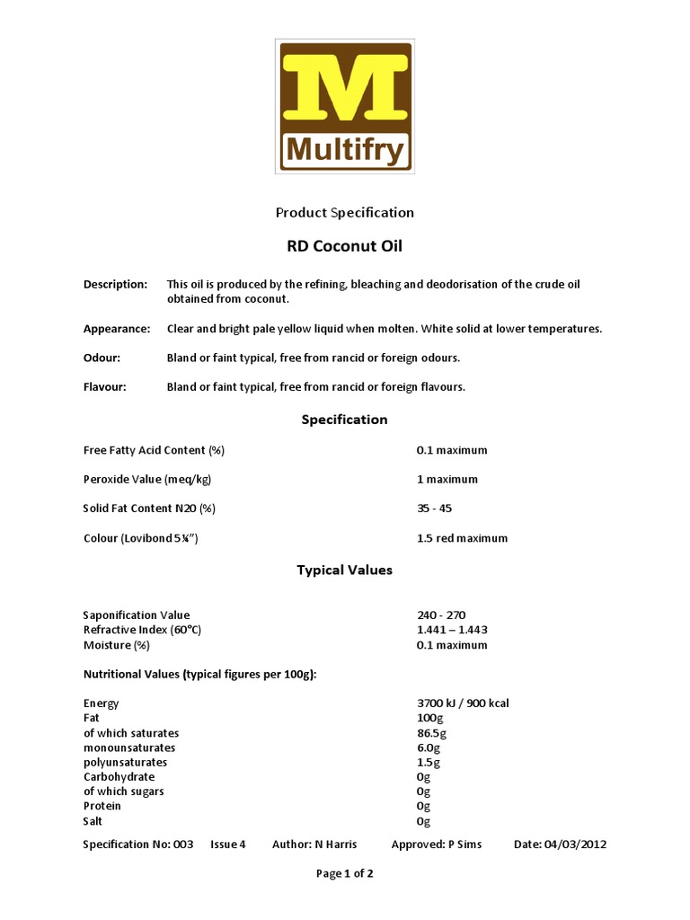 RD Coconut Oil: Product Specification | PDF | Coconut Oil | Fat