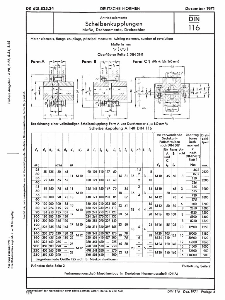 (DIN 116 - 1971-12) - Antriebselemente Scheibenkupplungen Maße, Drehmomente, Drehzahlen PDF | PDF