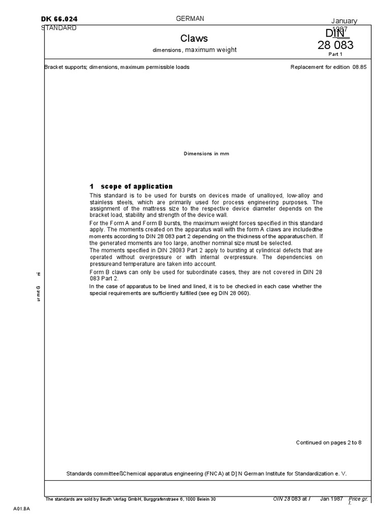 (DIN 28083-1 - 1987-01) - Pratzen - MaÃ - E, Maximale GewichtskrÃ - Â ...