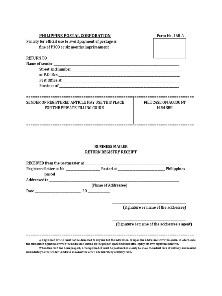 Philippine Postal Corporation: Business Mailer Return Registry Receipt ...
