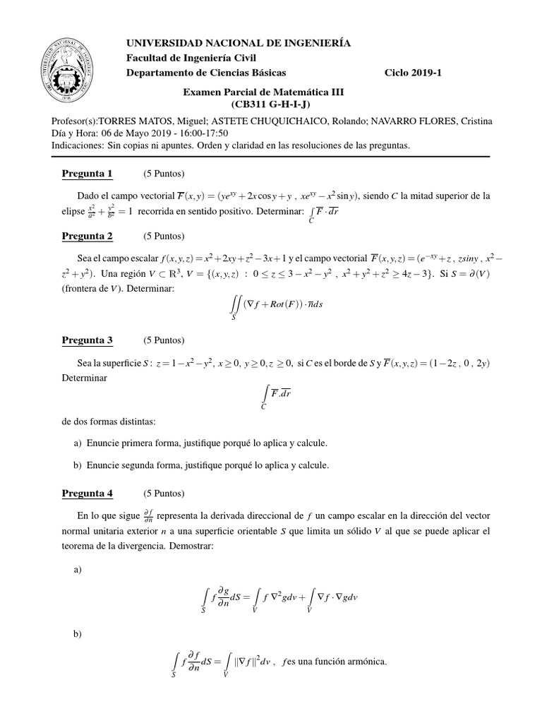 2019 - 1 Parcial | PDF | Cálculo multivariable | Vector Euclidiano