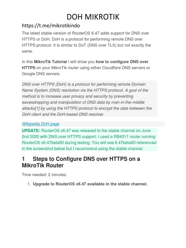 Doh Mikrotik: 1 Steps To Configure Dns Over Https On A Mikrotik Router | PDF | Domain Name ...