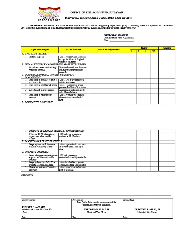 Office of The Sangguniang Bayan: Individual Performance Commitment and ...