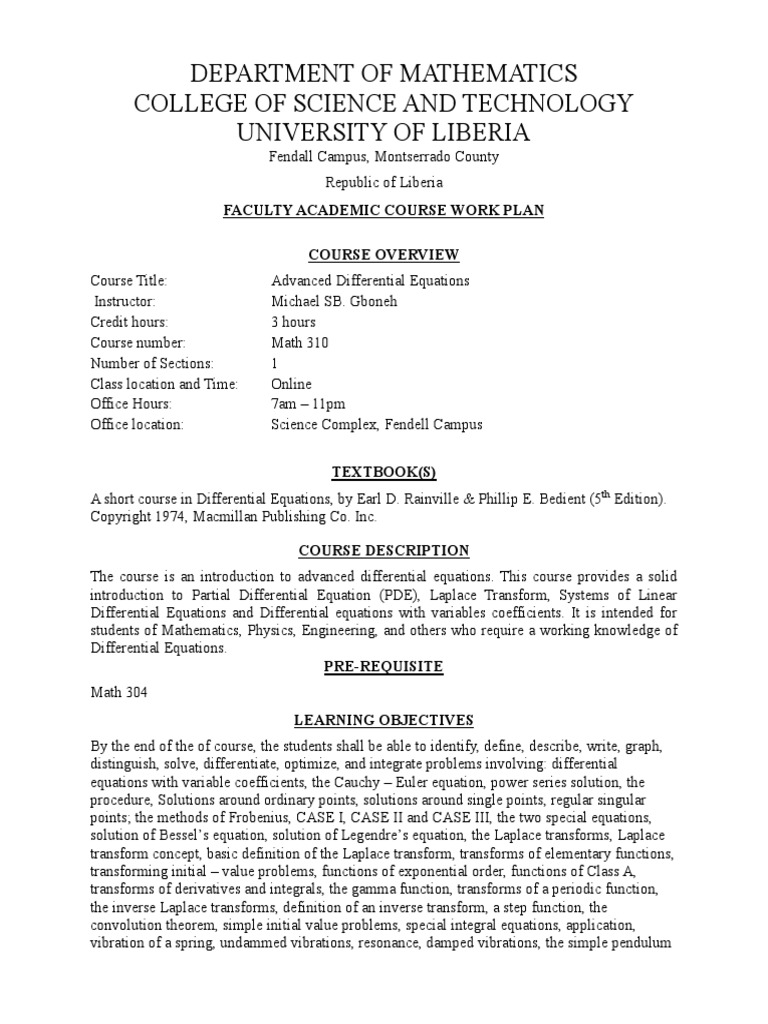 Math 310 Course Syllabus | PDF | Fourier Series | Fourier Transform