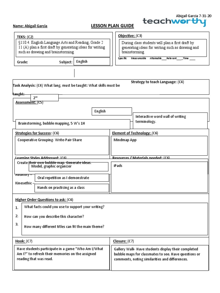 Lesson Plan Guide LPG Word-Jc | PDF | Brainstorming | Lesson Plan