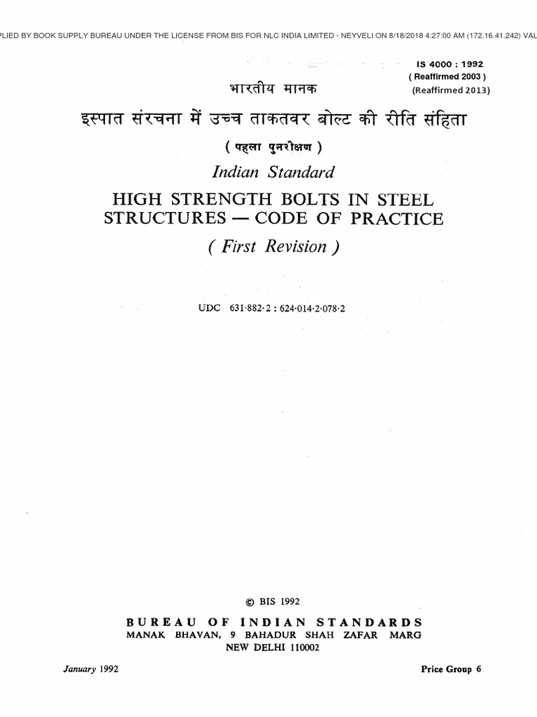 Indian Standard: High Strength Bolts Structures - Code of in Steel ...