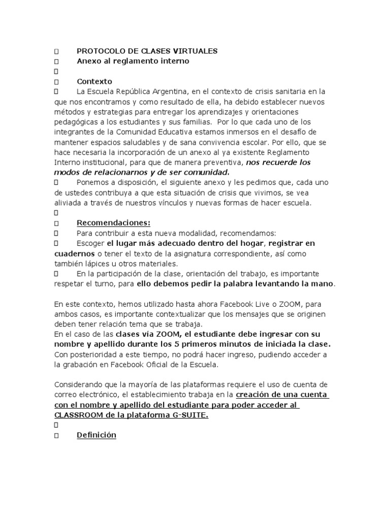 Protocolo de Clases Virtuales | Descargar gratis PDF | Salón de clases | Educación avanzada