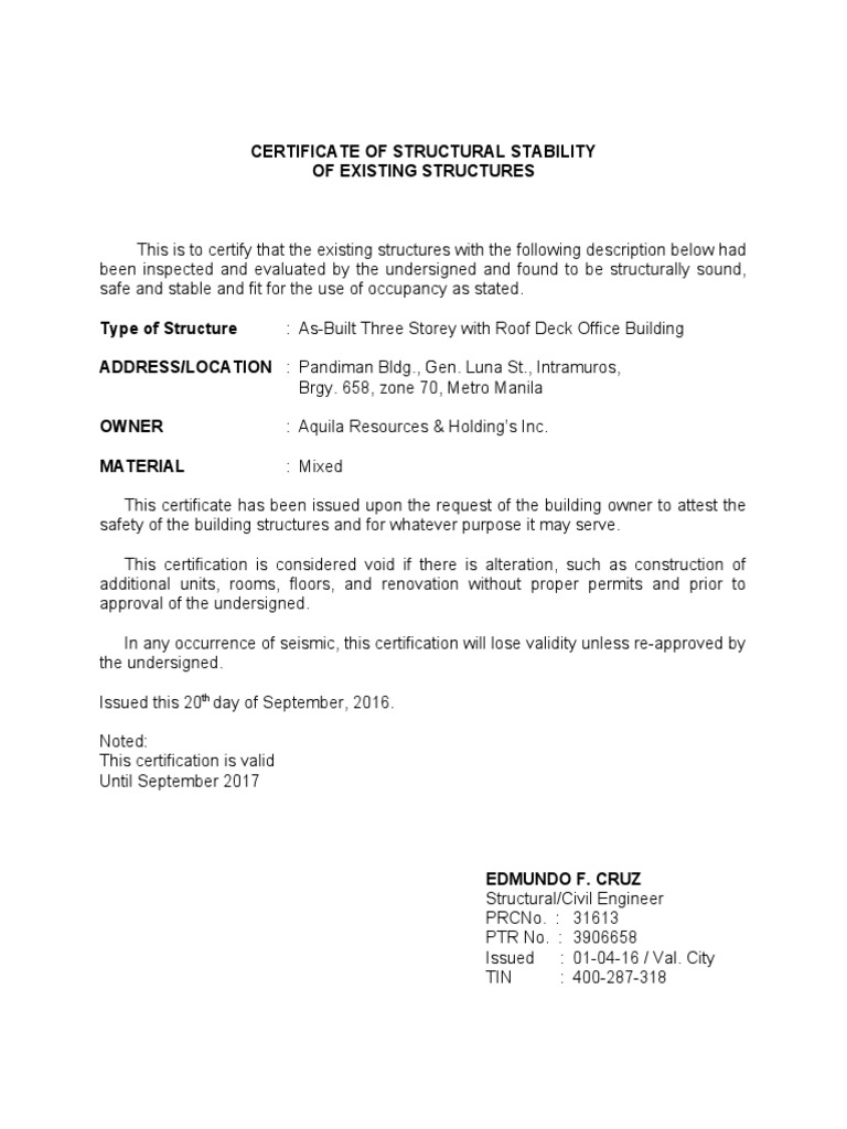 Certificate of Structural Stability of Existing Structures | PDF