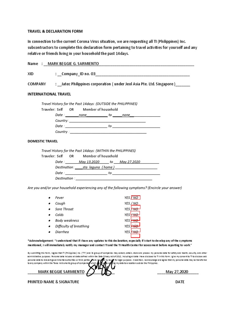 Travel & Declaration Form: Traveler: Self OR Member of Household | PDF ...