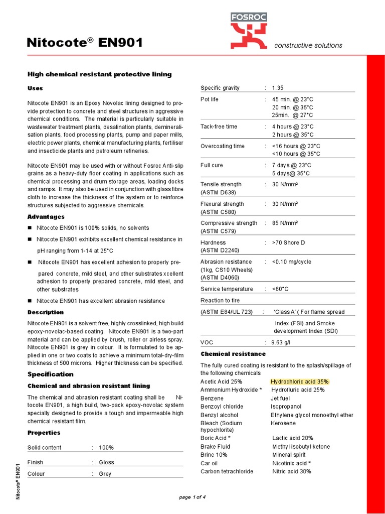 Nitocote EN901: High Chemical Resistant Protective Lining | PDF ...