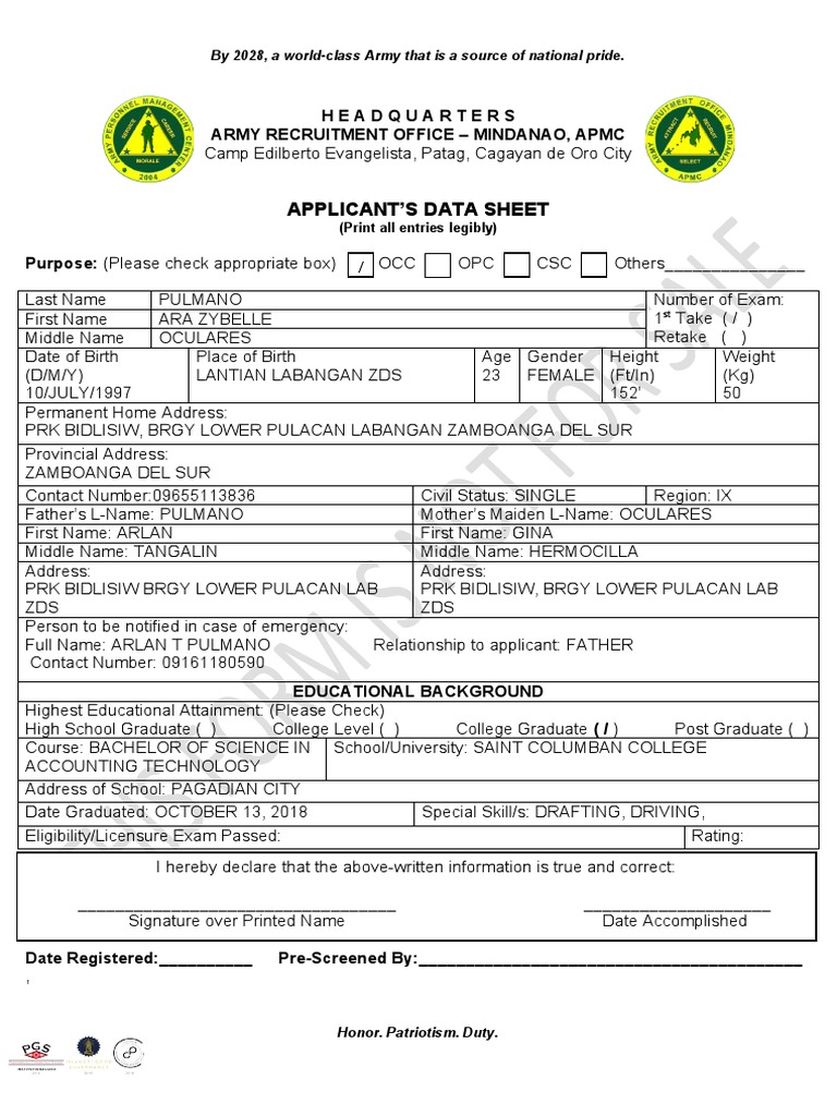 Applicant'S Data Sheet: by 2028, A World-Class Army That Is A Source of ...