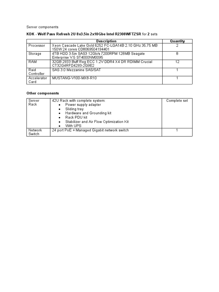 KDK - Wolf Pass Refresh 2U 8x3.5in 2x10gbe Intel R2308WFTZSR For 2 Sets ...