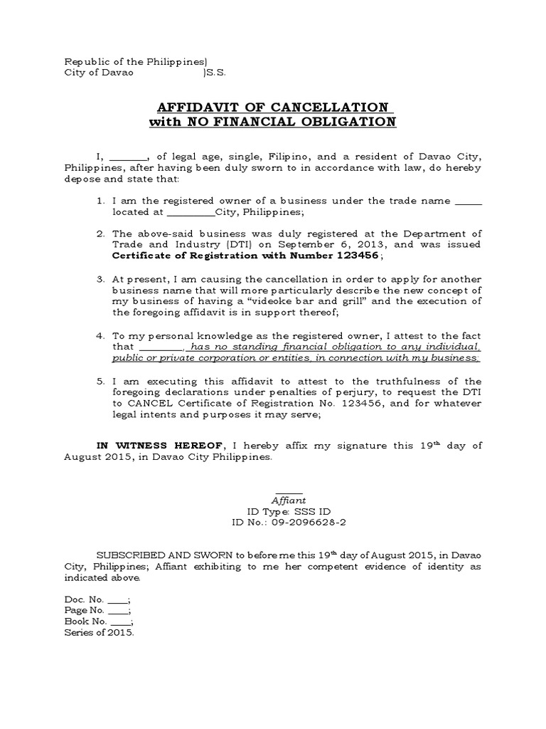 Affidavit of Cancellation With No Financial Obligation | PDF | Business ...