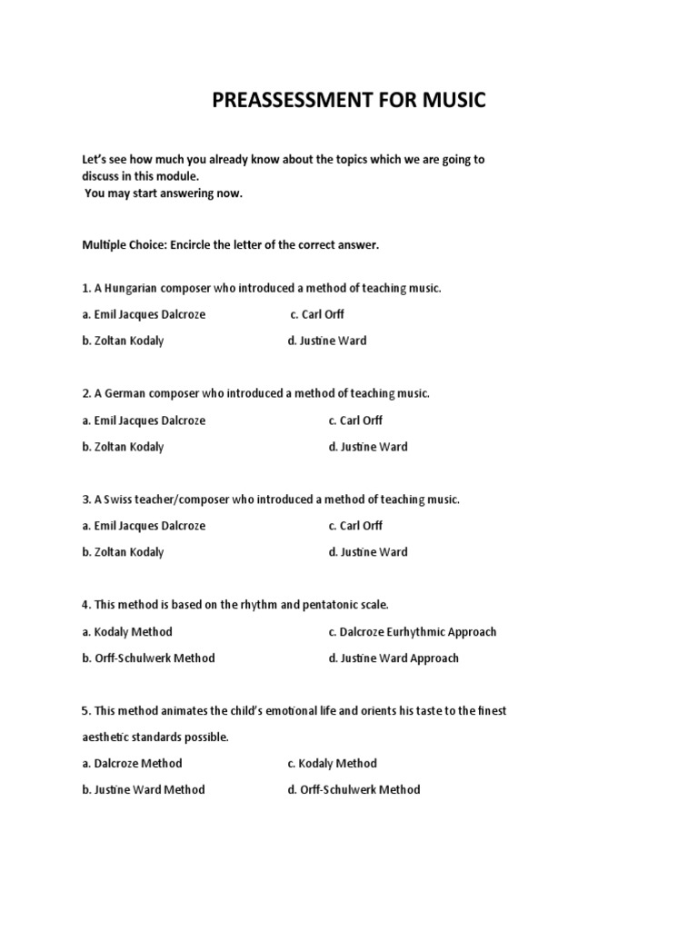 Music Teaching Methods Preassessment | PDF