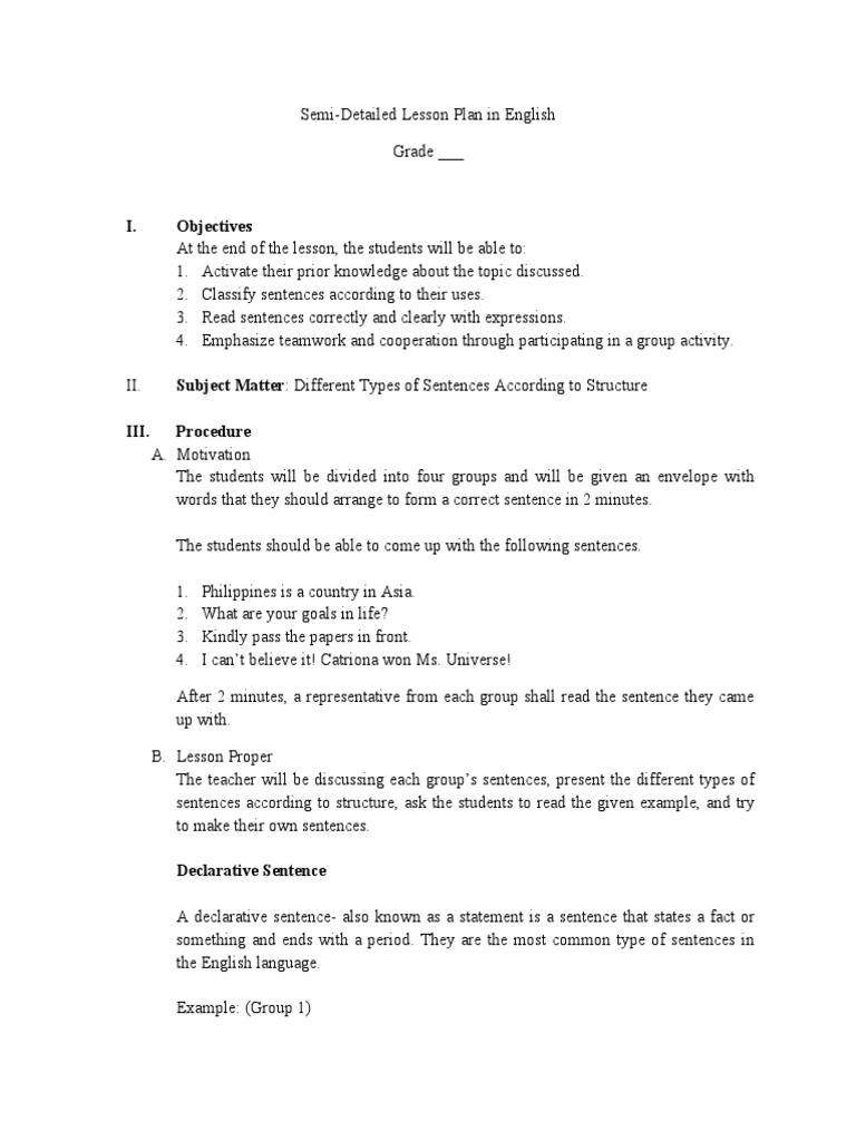 Lesson Plan in English Uses of Sentences | PDF | Question | Sentence ...