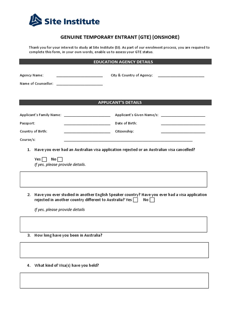 GTE Form (Onshore) | PDF