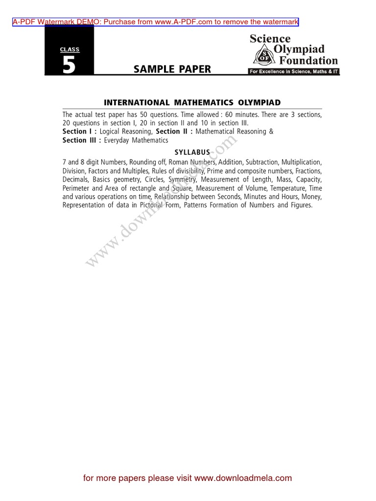 Sample Paper: International Mathematics Olympiad | PDF | Planets | Numbers