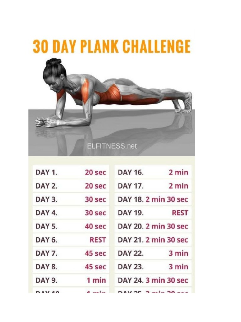 30 Day Plank Challenge Printable 30 Day Printable Fitness Challenge