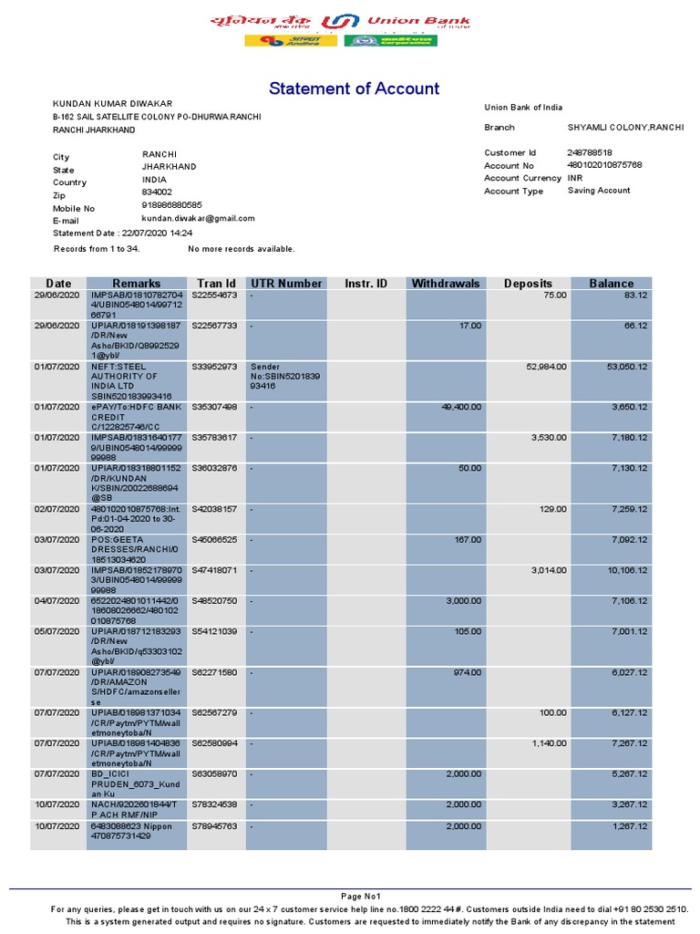 Union Bank Account Statement | PDF | Banking | Financial Services