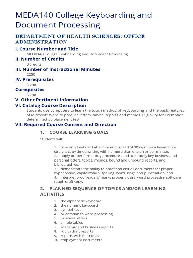MEDA140 College Keyboarding and Document Processing: Department of Health Sciences: Office ...