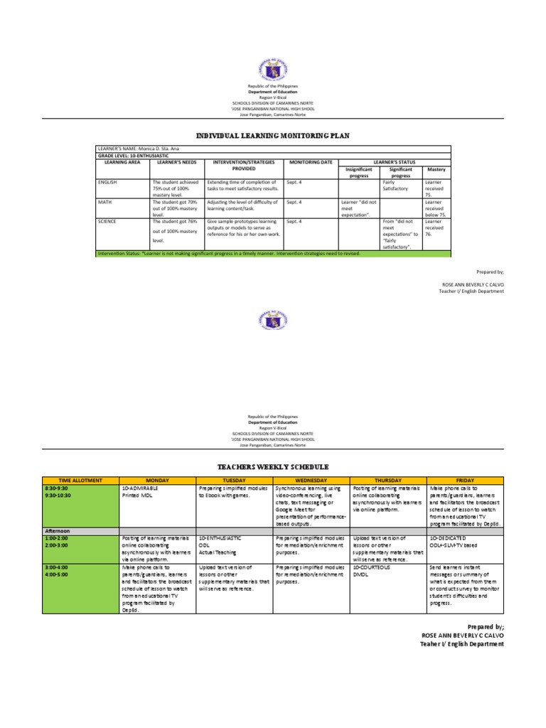 Invidual Learning Monitoring Plan | PDF | Reading Comprehension | Learning