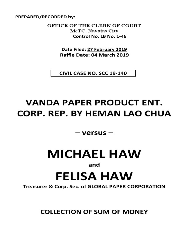 Vanda Paper Product Ent. Corp. Rep. by Heman Lao Chua: Michael Haw ...