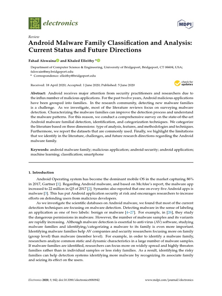 Electronics: Android Malware Family Classification and Analysis: Current Status and Future ...