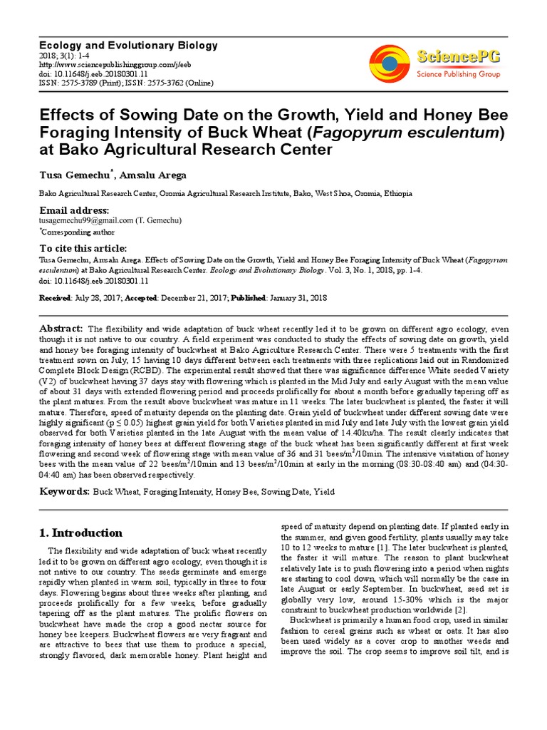 Effects of Sowing Date On The Growth, Yield and Honey Bee Foraging ...