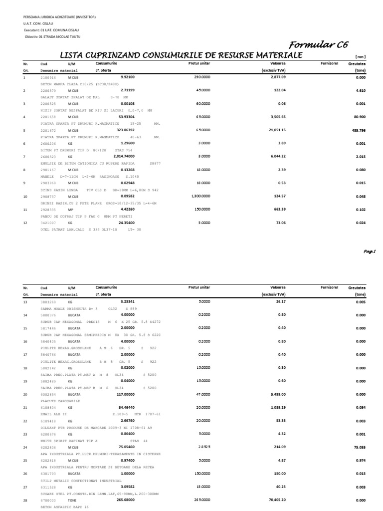 Formular C6: Lista Cuprinzand Consumurile de Resurse Materiale | PDF