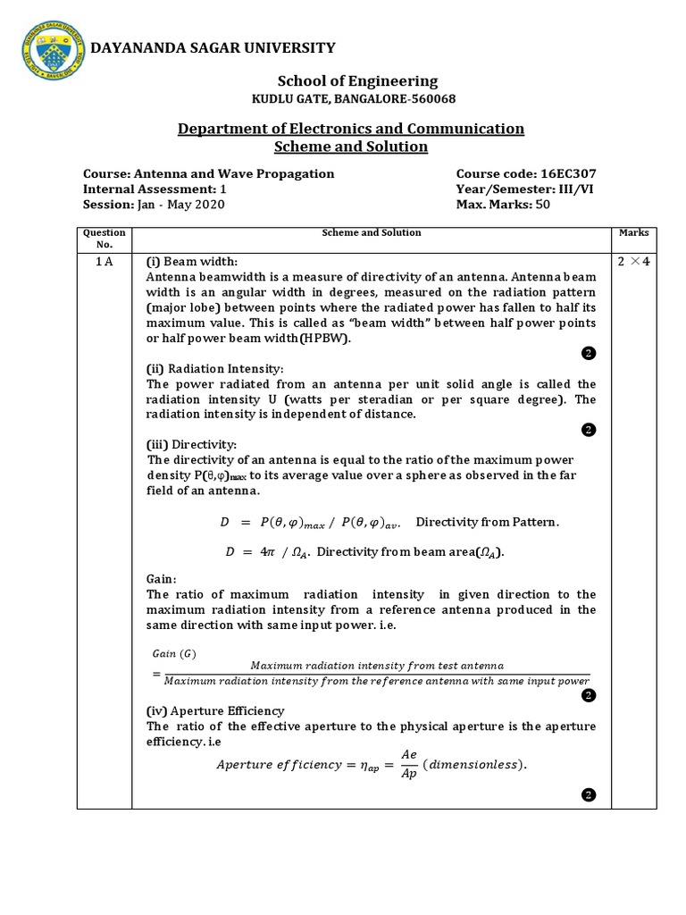 Antenna&WavePropagation16EC307 IA1 Scheme&Solution | PDF | Antenna (Radio) | Electric Field