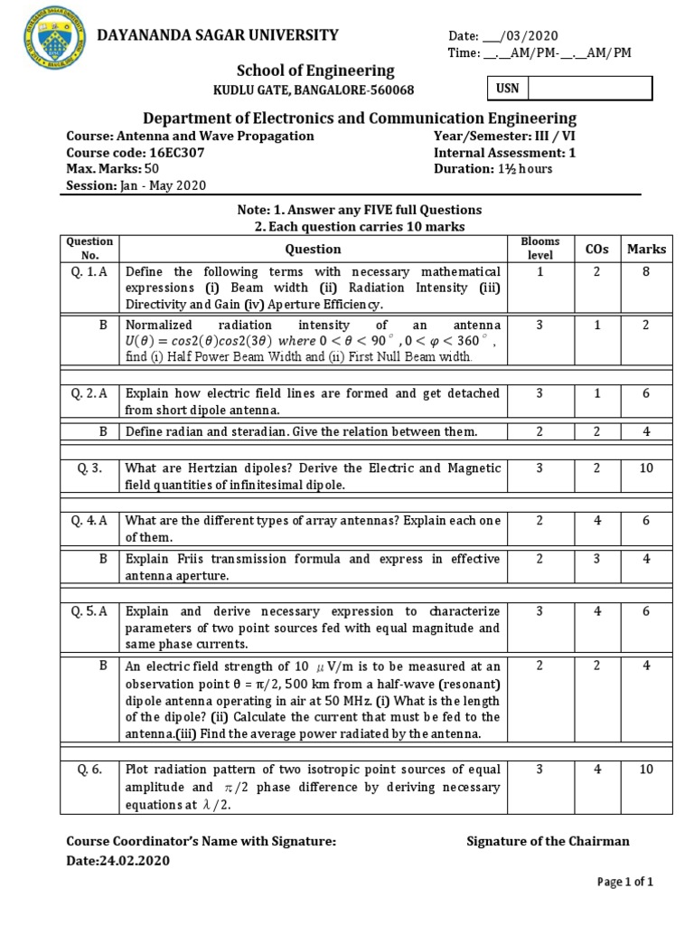 Antenna&WavePropagation16EC307 - IA1 - Test QP | PDF | Antenna (Radio ...