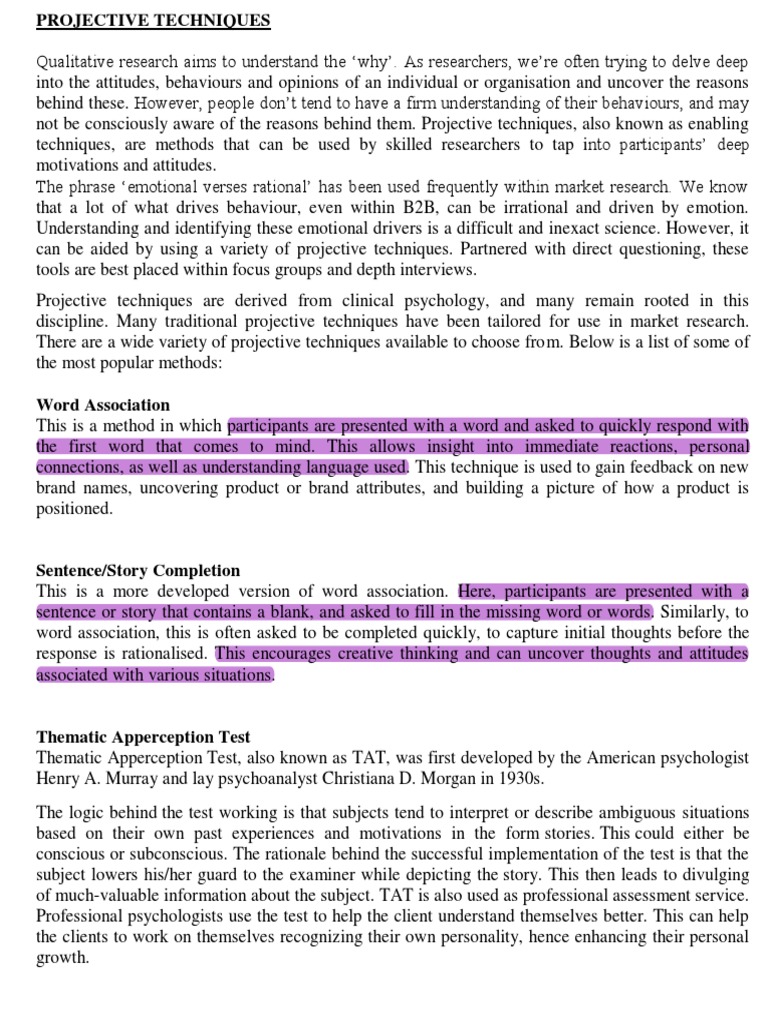 Projective Techniques Ref Notes PDF | PDF | Thought | Brain