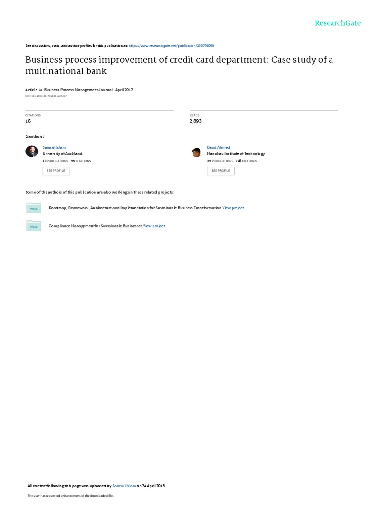 Business Process Improvement Of Credit Card Department Case Study Of A