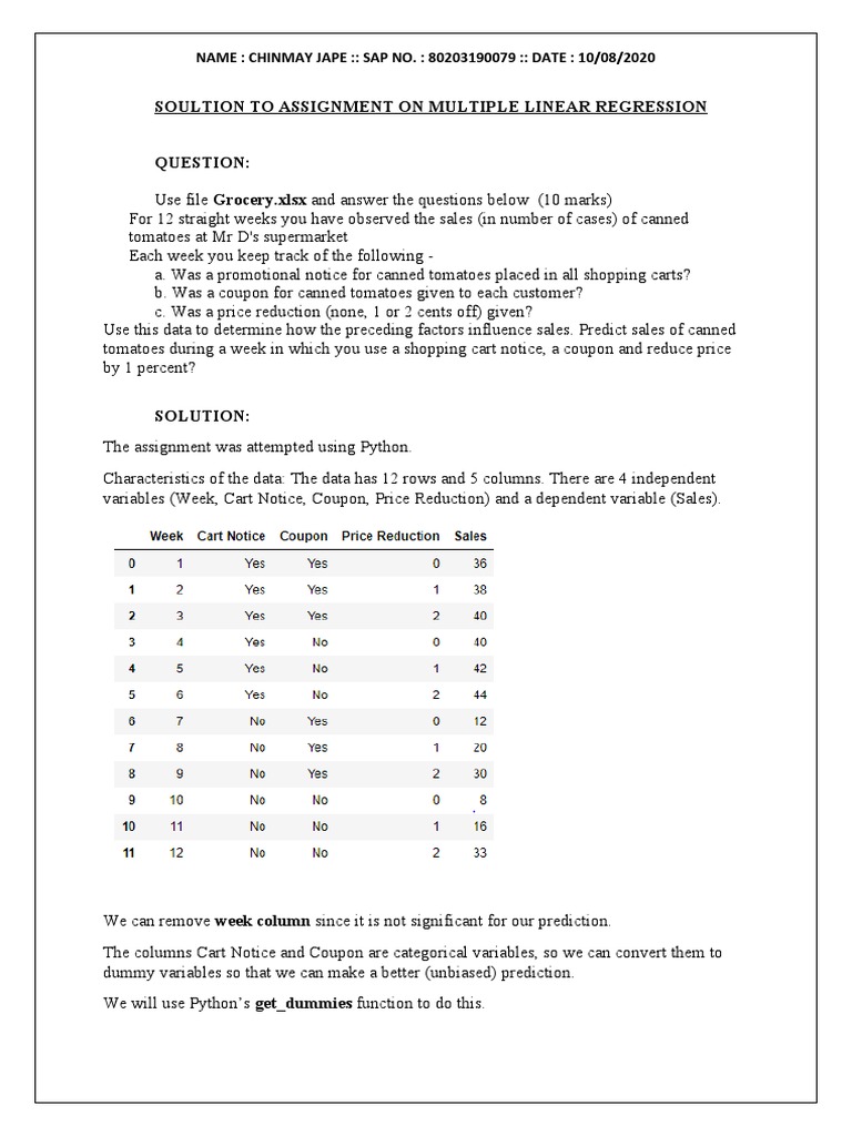 Soultion To Assignment On Multiple Linear Regression: NAME: CHINMAY JAPE:: SAP NO.: 80203190079 ...